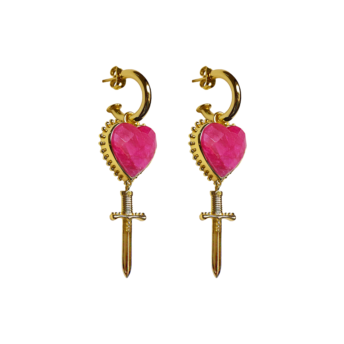 Gold JULIET Heart Dagger Earrings Blue Gem RUBY QUARTZ Mountain Moon ...